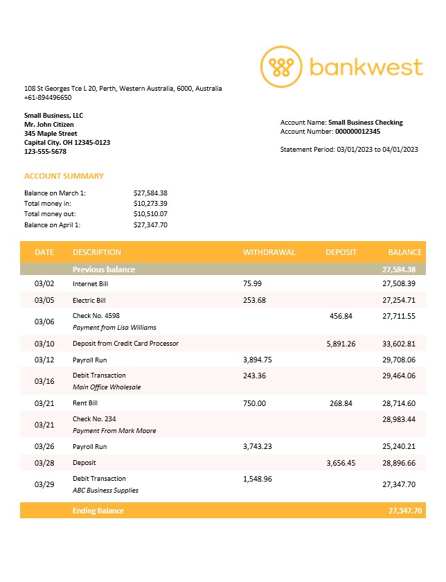 Bankwest Business Bank Statement Template (100% Free) - bizreg.cc