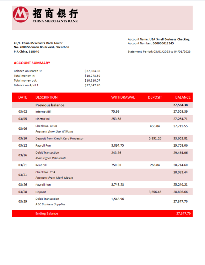 China Merchants Bank Firm Account Statement Template (100% Free ...