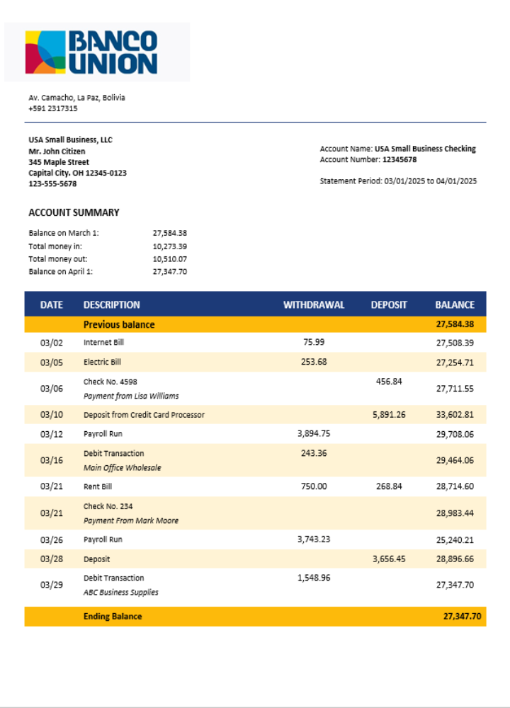 Banco Union Bank Business Firm Statement Template (100% Free) - bizreg.cc