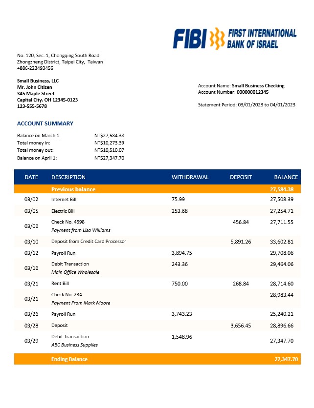 Fibi Bank Enterprise Account Statement Template (100% Free) - bizreg.cc