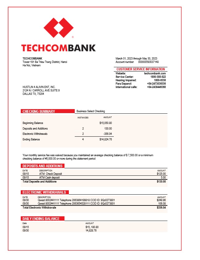 Techcombank Corporate Checking Account Statement Template (100% Free ...