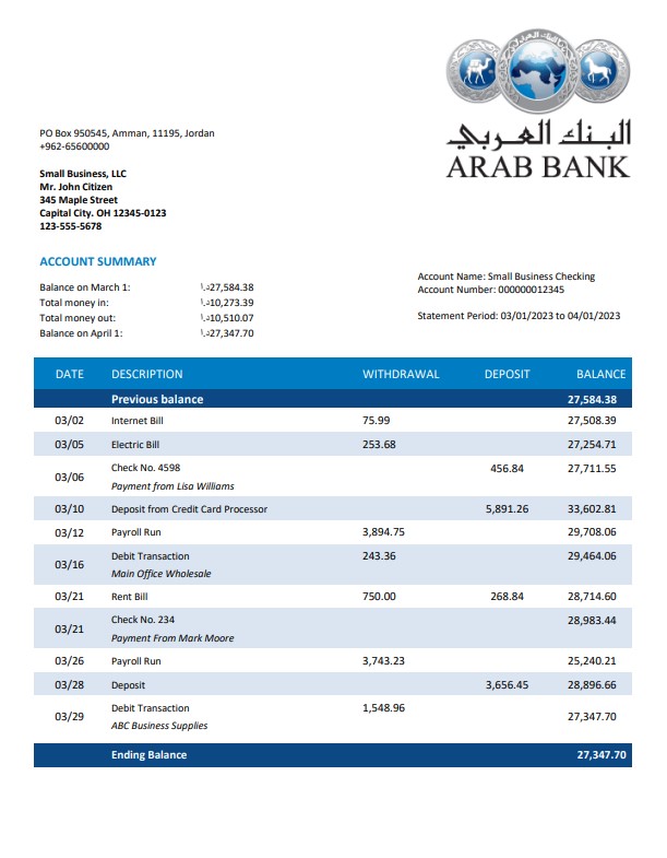Arab Bank Organization Checking Account Statement Template (100% Free ...