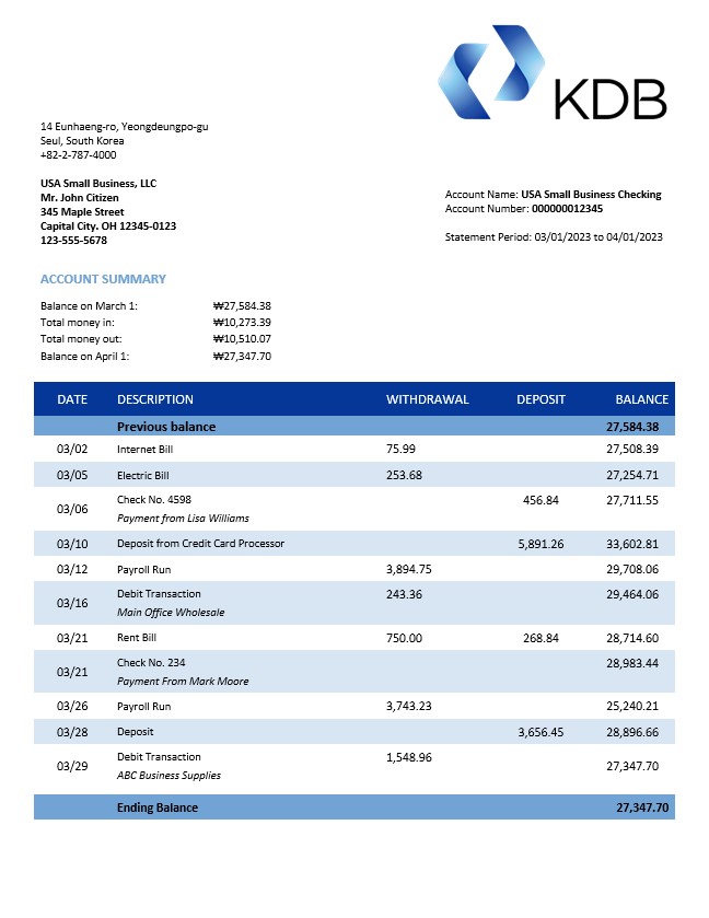 South Korea Business Bank Statement - bstatement.net