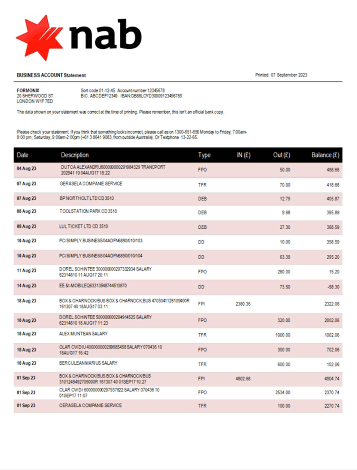 NAB Bank company account statement Word and PDF template download ...