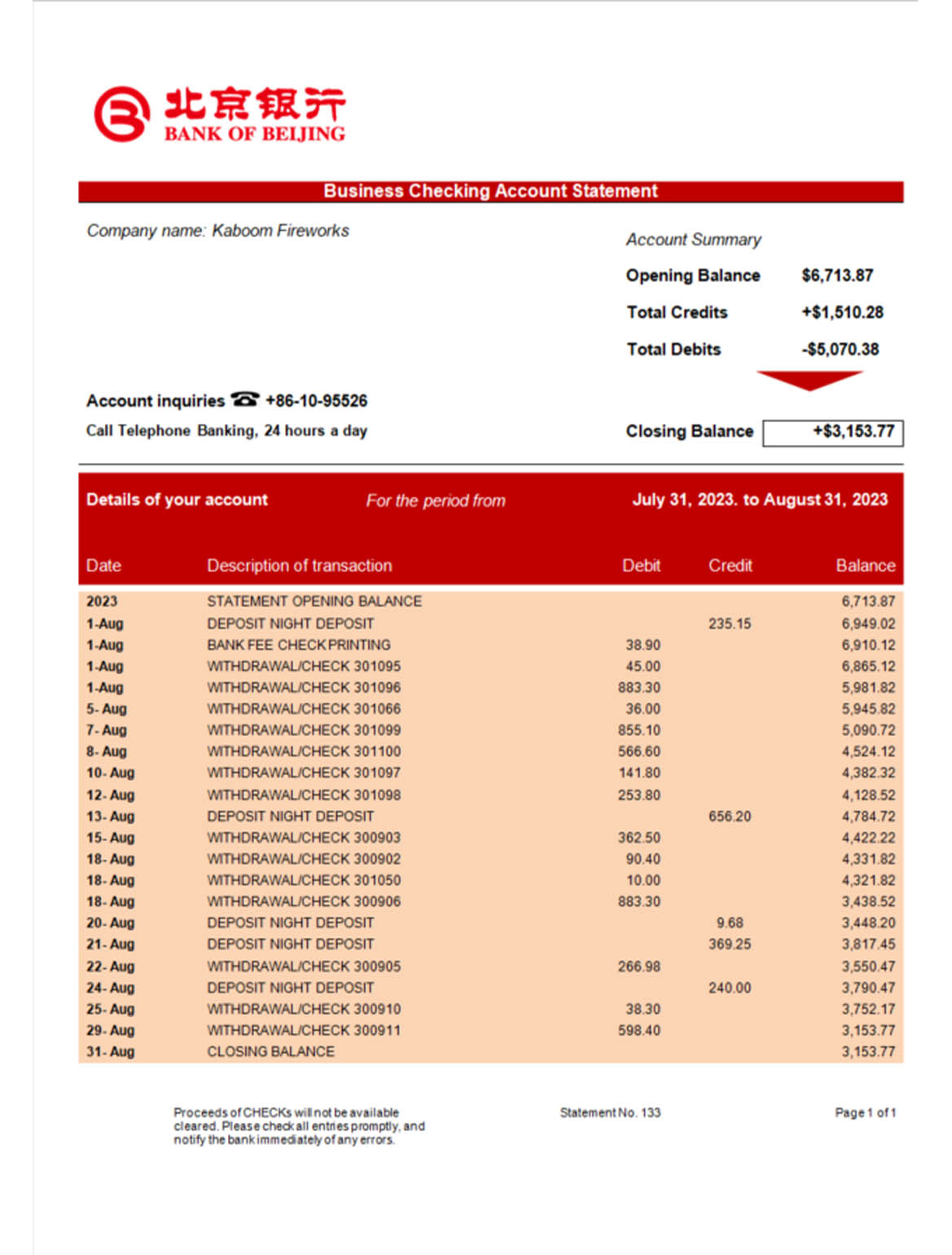 Bank of Beijing firm statement Word and PDF template download template ...