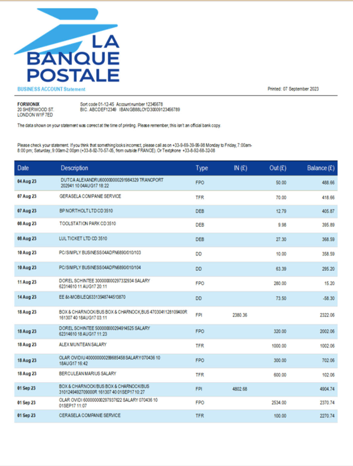 LA Banque Postale firm bank statement Word and PDF template download ...