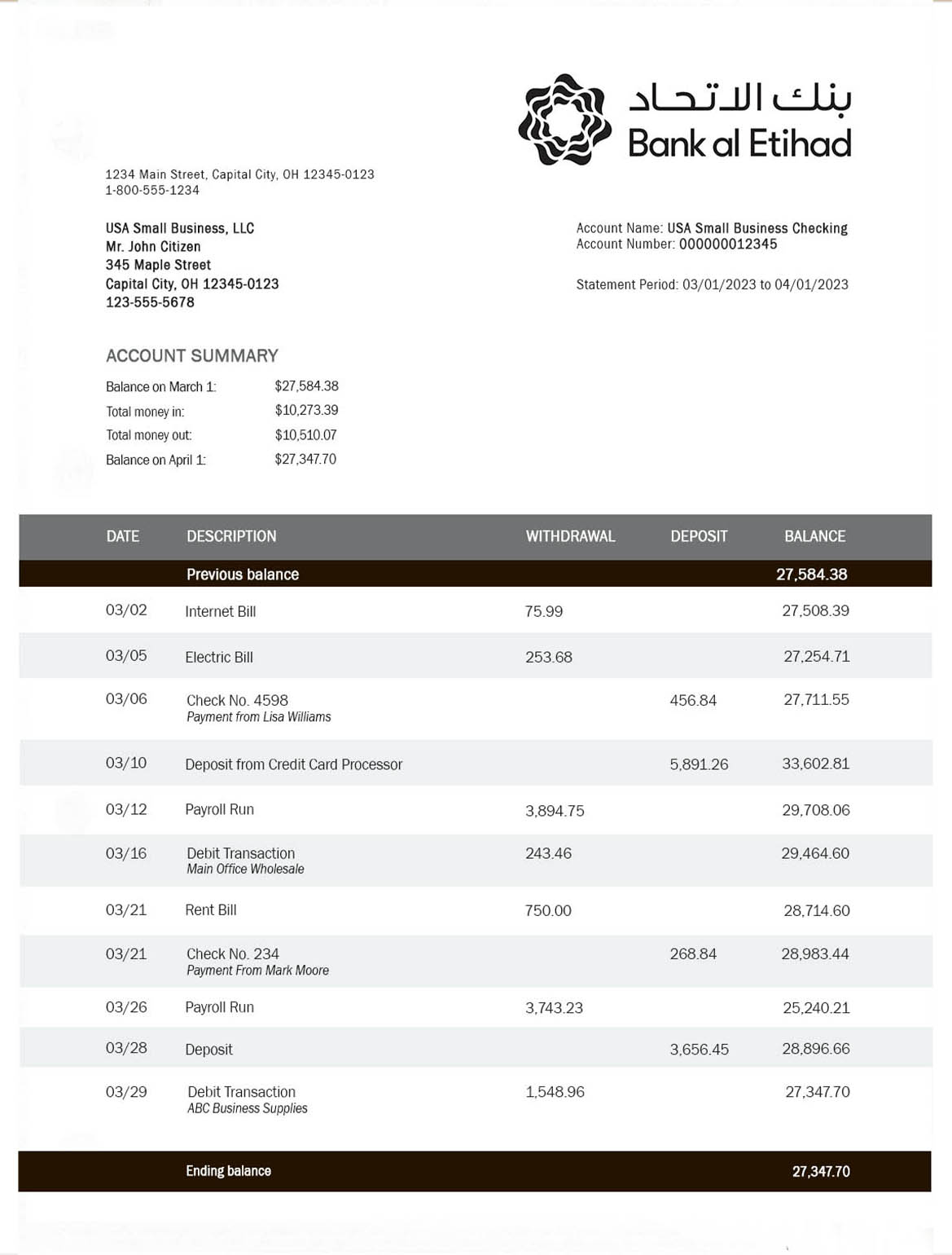 Bank Al Etihad firm account statement Word and PDF template download ...