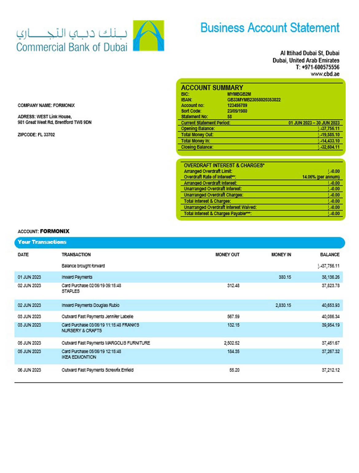 Commercial Bank of Dubai company checking account statement Word and ...