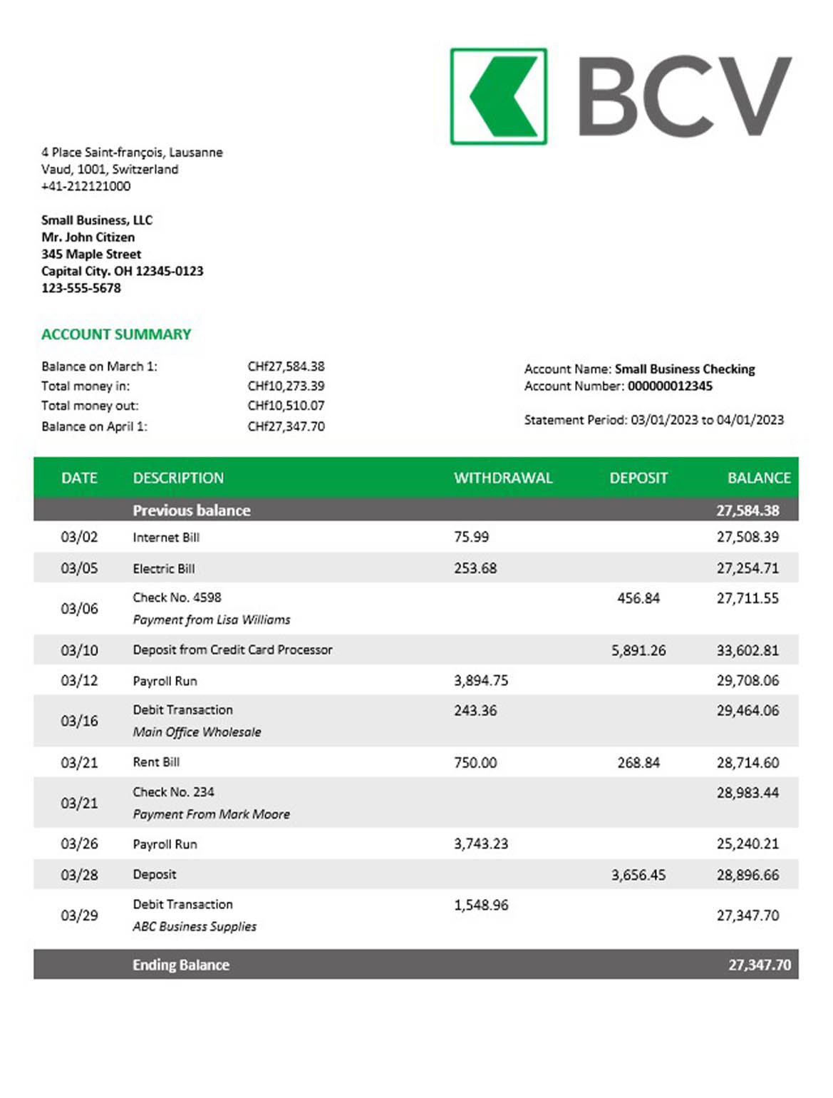 BCV Bank company account statement Word and PDF template download ...